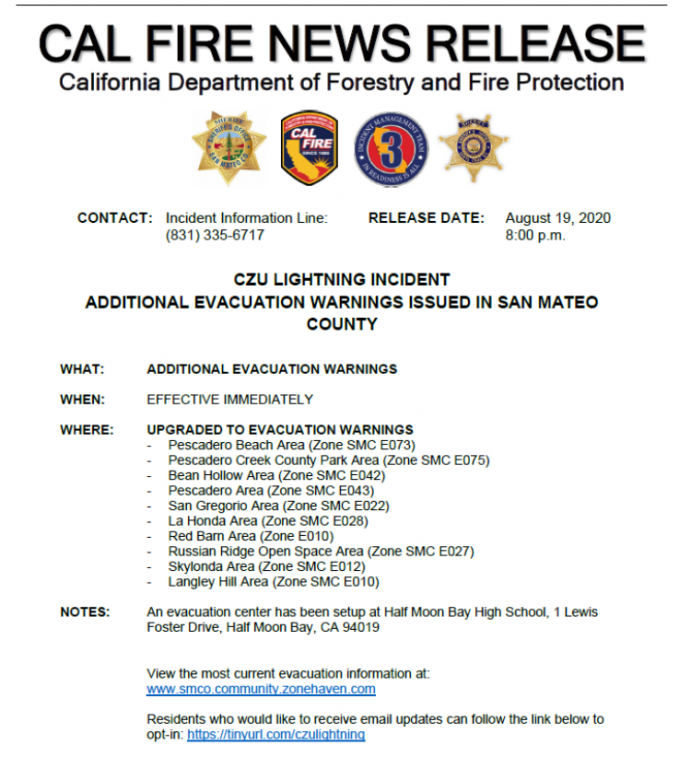 UPDATED EVACUATION ORDERS AND WARNINGS- CZU AUGUST LIGHTNING COMPLEX. Aug 19, 2020. Afternoon ...